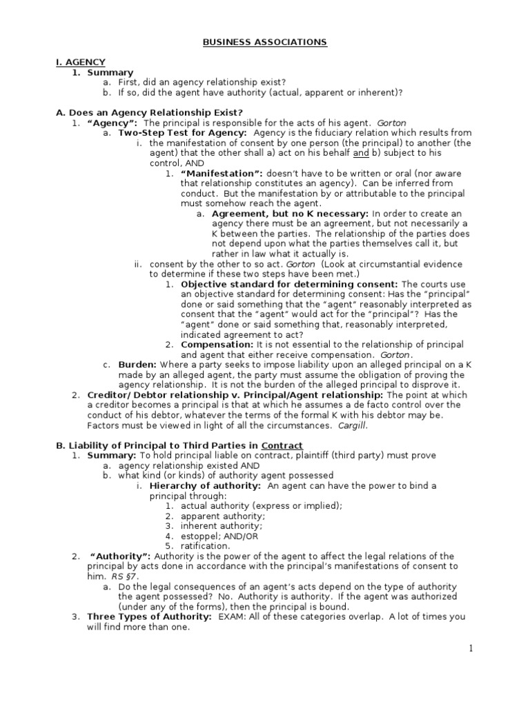 Business Associations Outline | PDF | Law Of Agency | Partnership