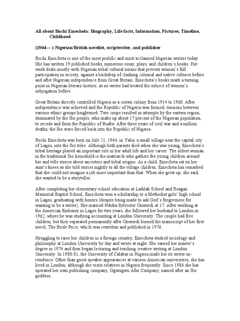 Buchi Emecheta Biography | PDF | Igbo People | Politics (General)