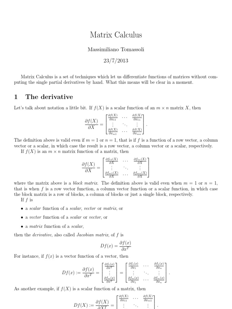 Matrix Calculus: 1 The Derivative | PDF | Matrix (Mathematics ...
