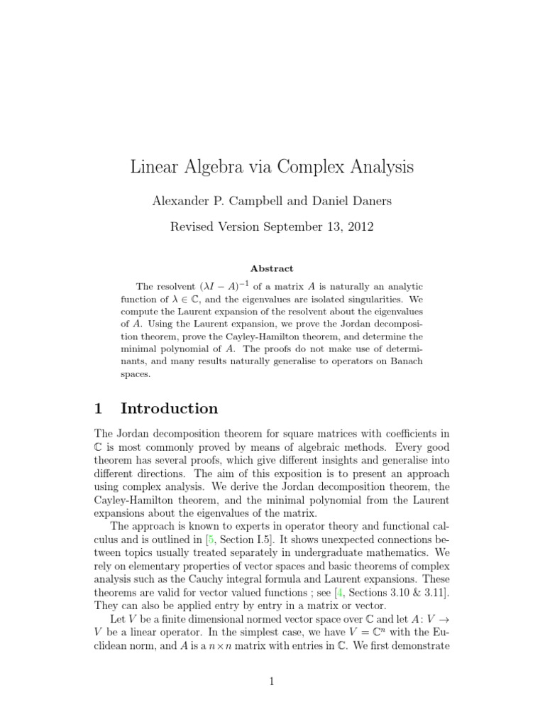 Linear Algebra Via Complex Analysis: Alexander P. Campbell and Daniel Daners Revised Version ...