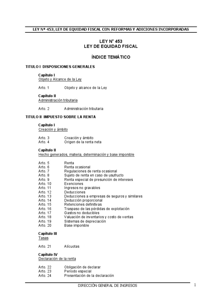 Ley 453 Ley de Equidad Fiscal Con Sus Reformas PDF | PDF | Impuesto sobre la renta | Impuestos