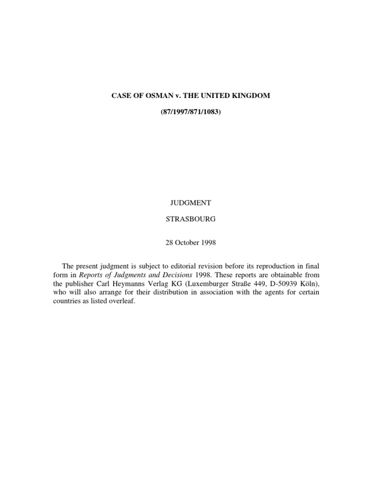 Case of Osman Vs Reino Unido 28.10.1998 | PDF | Criminal Justice ...