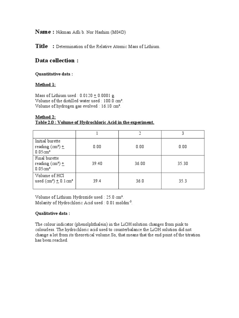 Chem3-Molar Mass of Lithium | PDF | Lithium | Mole (Unit)