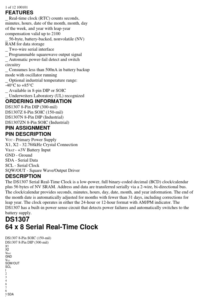 DS1307 64 X 8 Serial Real-Time Clock: Features | PDF | Data Transmission | Bit