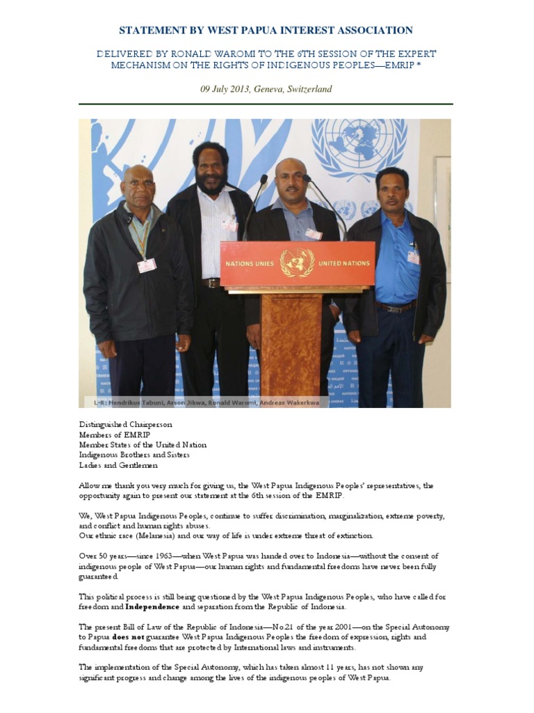 West Papua Statement 6th Session EMRIP 9 July 2013 Geneva PDF | PDF ...