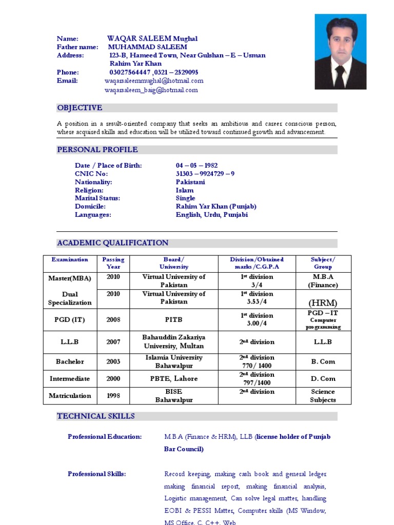 Waqar Saleem CV | PDF | Pakistan | Master Of Business Administration
