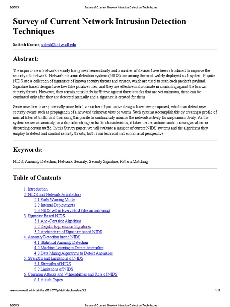 Survey of Current Network Intrusion Detection Techniques | PDF | Denial Of Service Attack ...