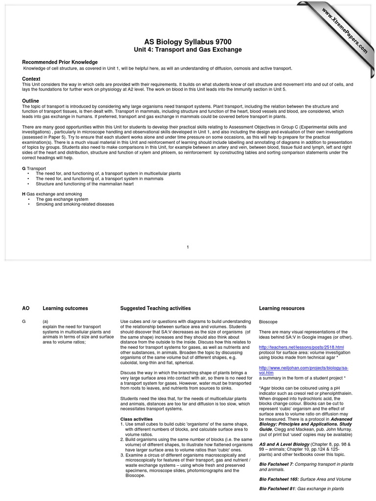 AS Biology Syllabus 9700: Unit 4: Transport and Gas Exchange | PDF ...