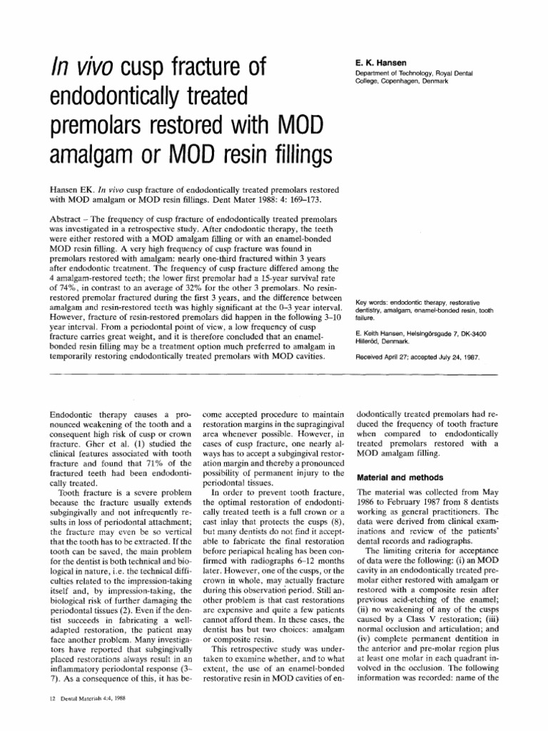 1-In Vivo Cusp Fracture of Endodontically Treated Premolars Restored ...