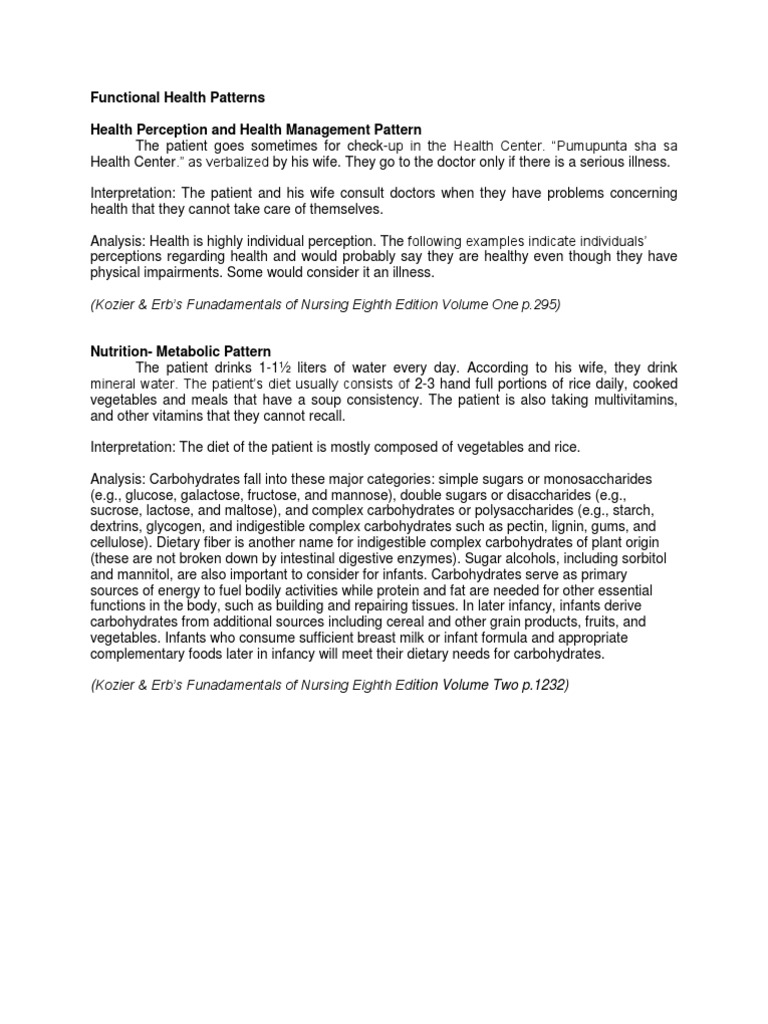 Functional Health Patterns | PDF | Carbohydrates | Nutrition