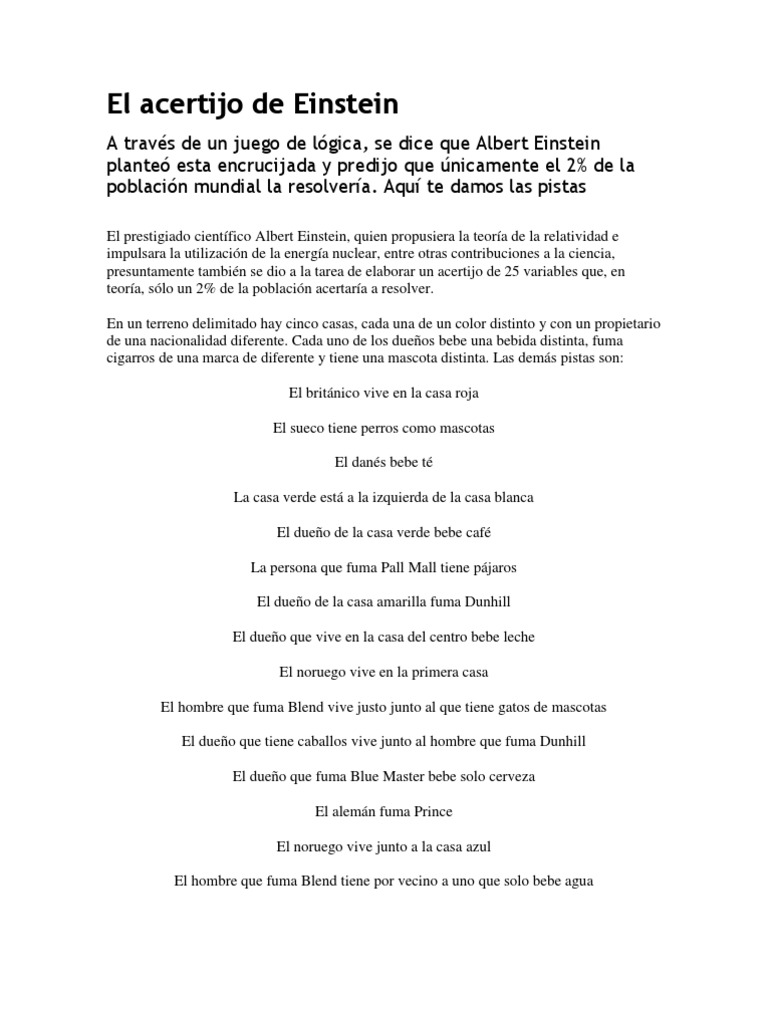 El Acertijo de Einstein | PDF | Albert Einstein | Verde