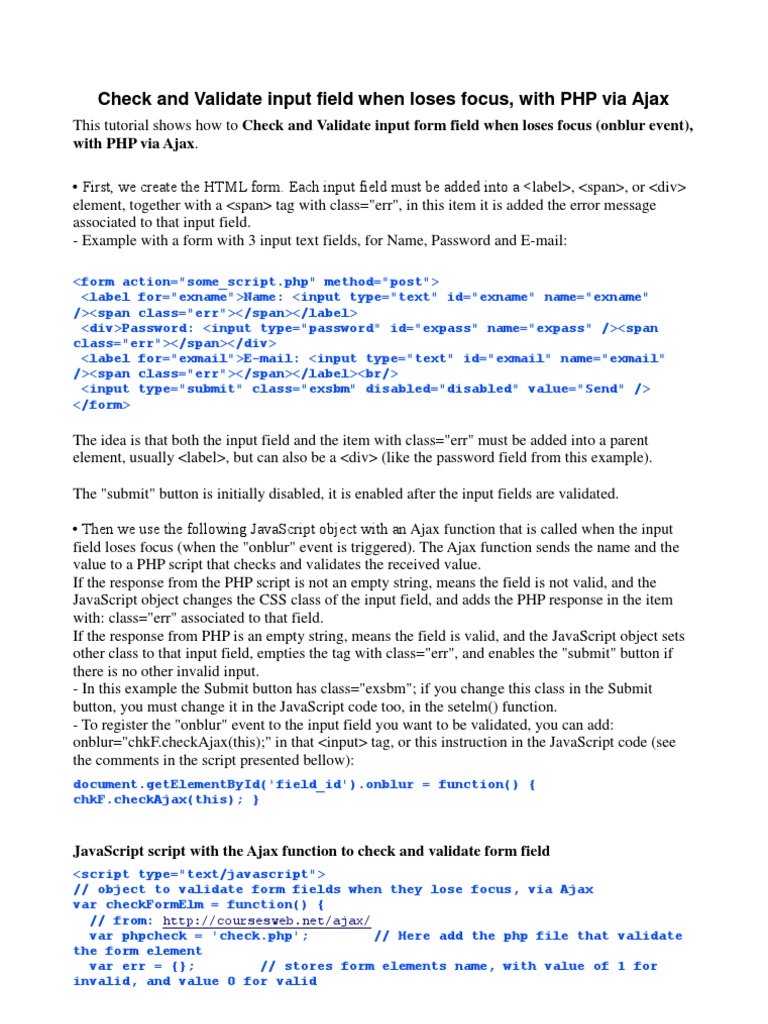 Check and Validate Input Field When Loses Focus, With PHP Via Ajax | PDF | Ajax (Programming) | Php