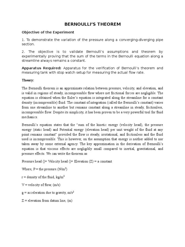 Bernoulli's Theorem Experiment | PDF | Fluid Dynamics | Physical Phenomena