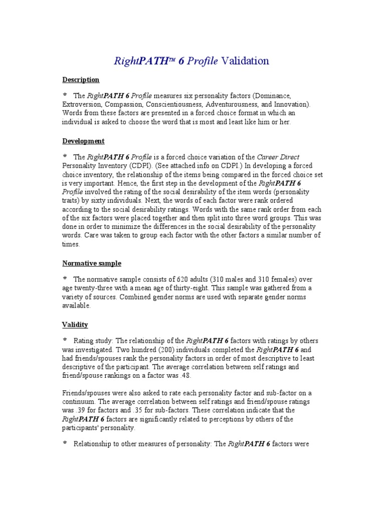 Test-RightPATHTM 6 Profile Validation | PDF | Extraversion And ...