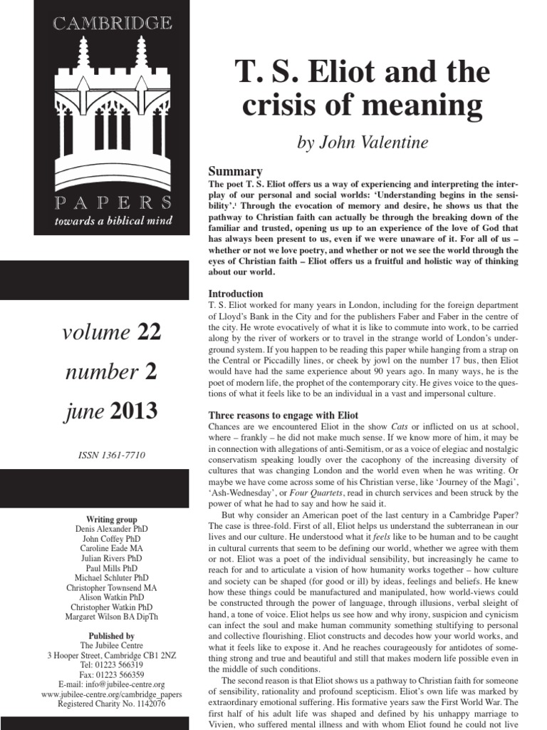 TS Eliot Crisis of Meaning | PDF | T. S. Eliot | Poetry