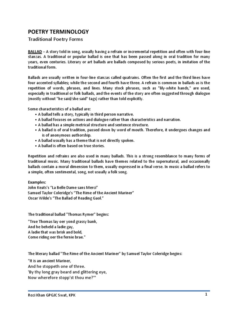 POETRY TERMINOLOGY - Traditional Poetry Forms PDF | PDF | Ballad | Sonnets