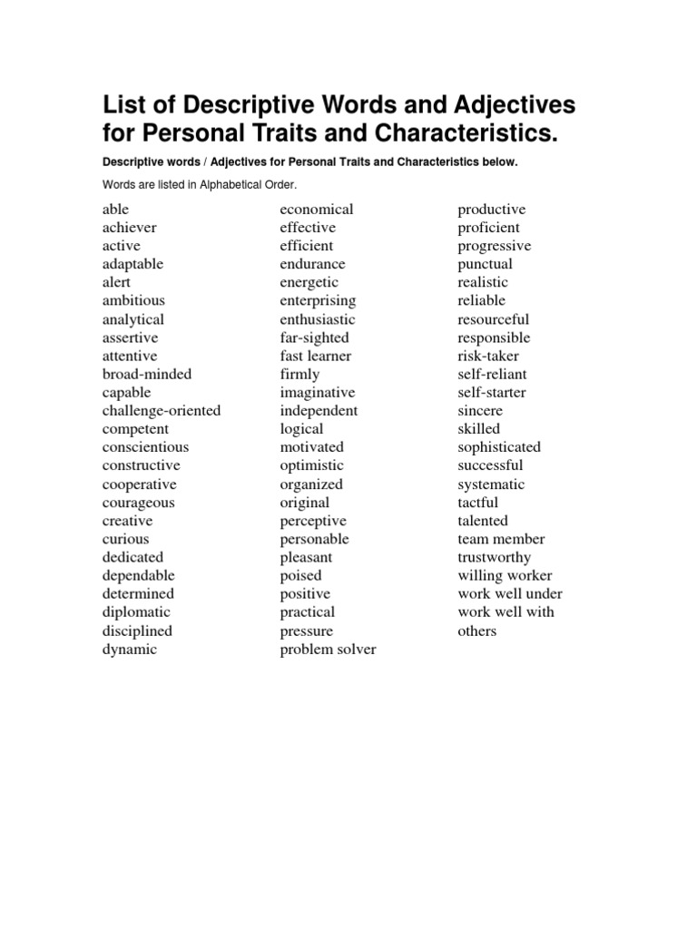 List of Descriptive Words and Adjectives | PDF | Taste | Mood (Psychology)