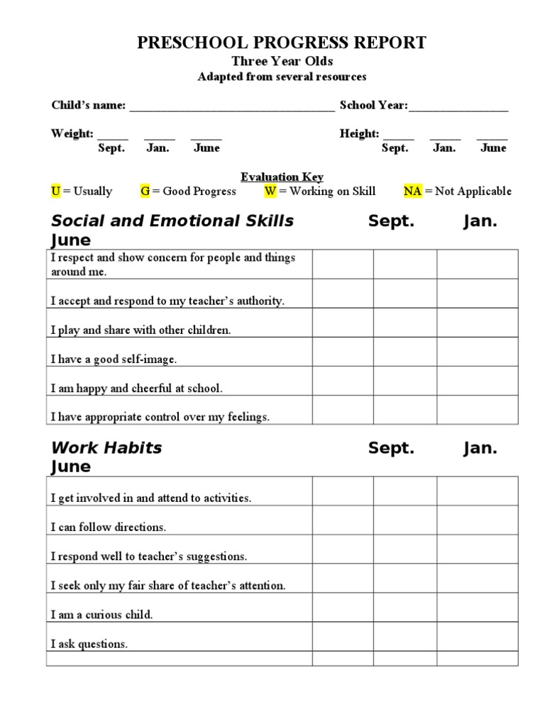 Preschool Progress Report: Social and Emotional Skills | PDF ...