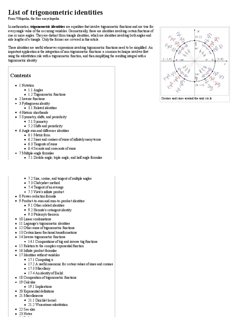 List of Trigonometric Identities - Wikipedia, The Free Encyclopedia PDF ...