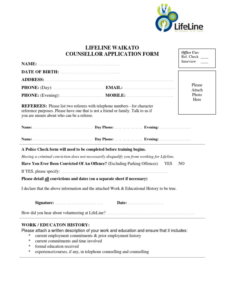Lifeline Waikato Counsellor Application Form | PDF | Telephone | Government