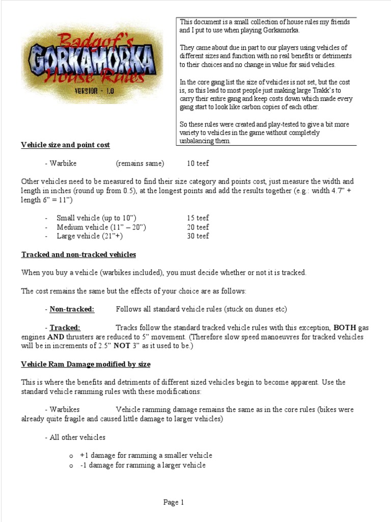 Badgof's Gorkamorka House Rules (Version 1.1) | PDF | Vehicles | Transport
