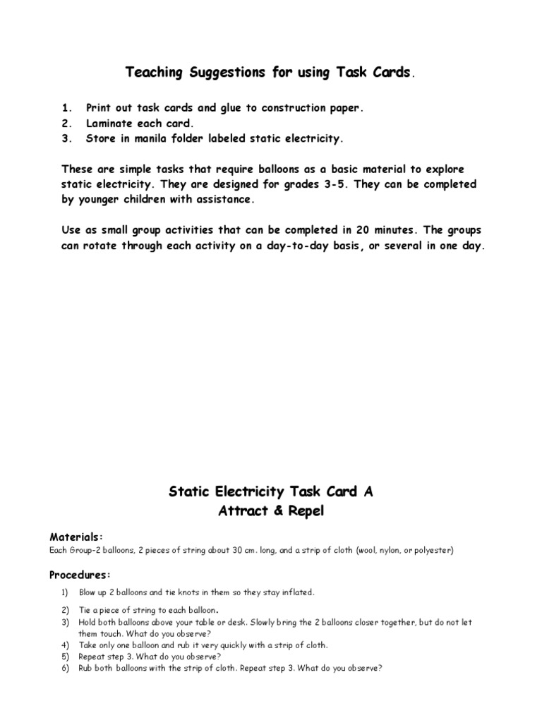 Static Electricity Task Cards Utilizing Balloons | PDF | Balloon | Textiles
