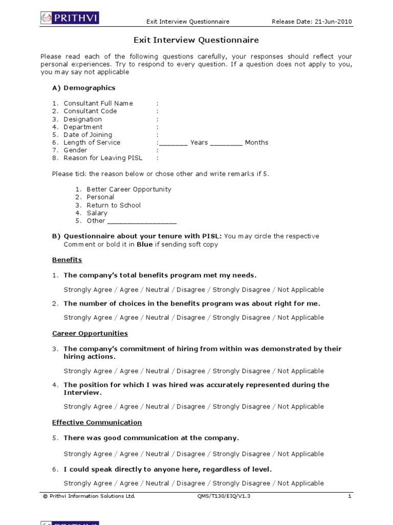 Exit Interview Questionnaire | PDF | Questionnaire | Business