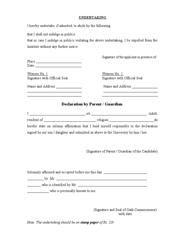 Declaration by Parent / Guardian: Undertaking | PDF | Politics | Law