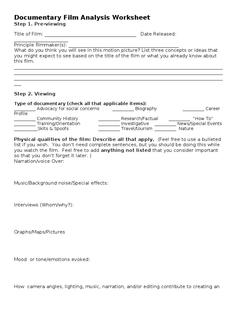 Documentary Film Worksheet | PDF | Documentary Film | Filmmaking