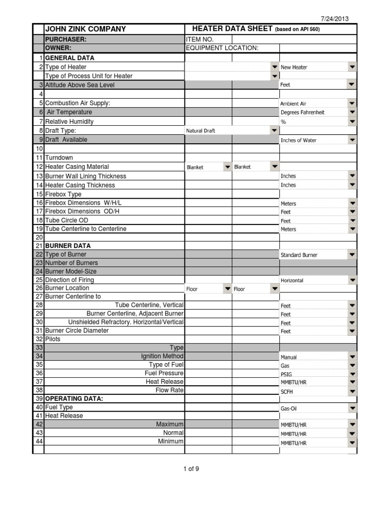 Heater Data Sheet for API 560 Compliance | PDF | Combustion | Hvac