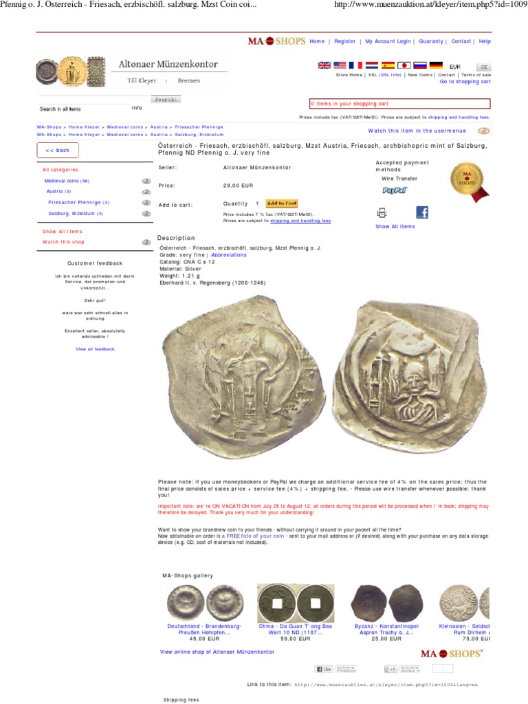 Pfennig O. J. Österreich - Friesach, Erzbischöfl. Salzburg | PDF ...