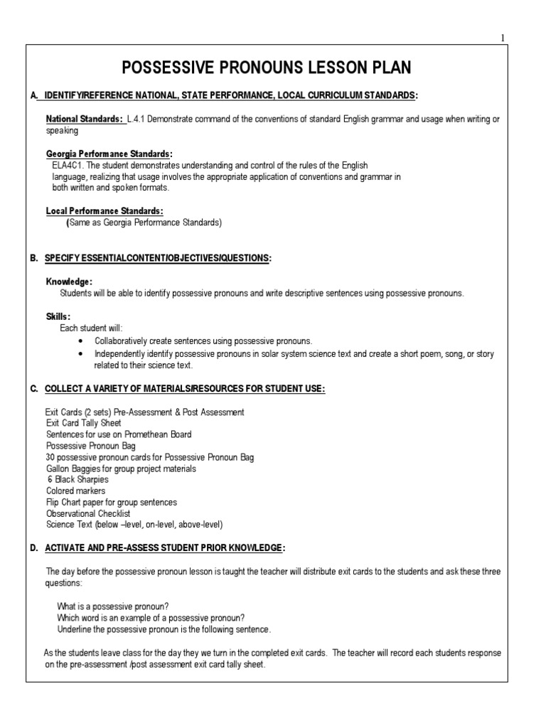 Possessive Pronoun Lesson Plan | PDF | Educational Assessment | Lesson Plan