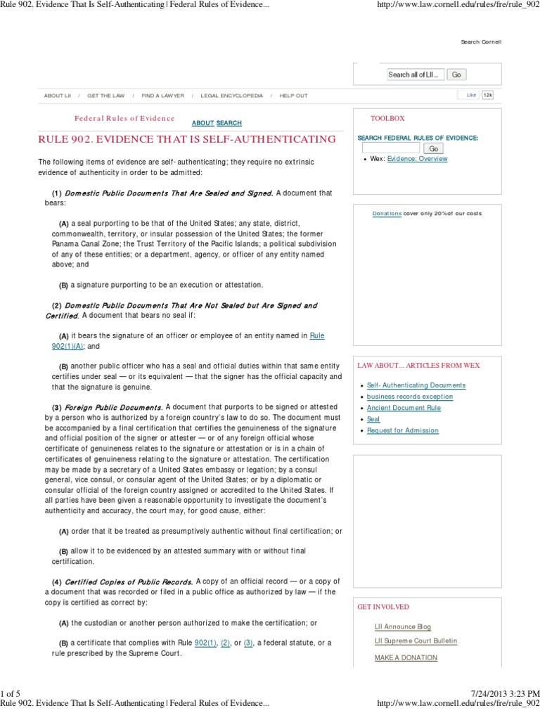 FRCP 902 | PDF | Evidence (Law) | Signature