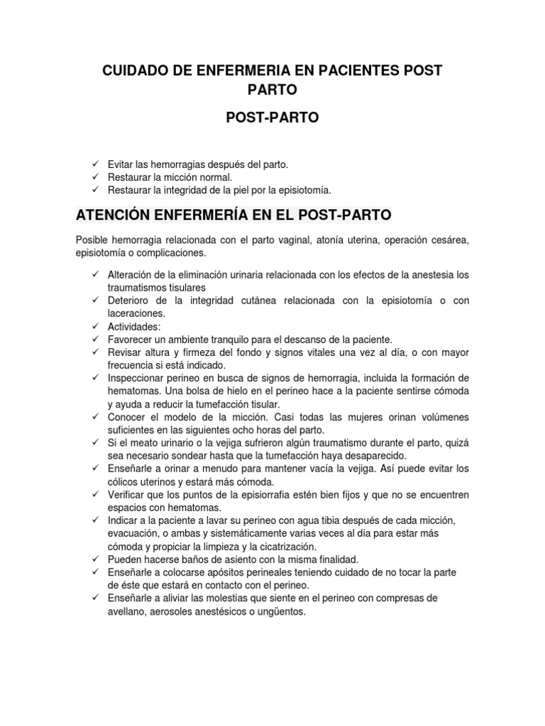 Cuidado de Enfermeria en Pacientes Post Parto | PDF | Parto | Periodo ...