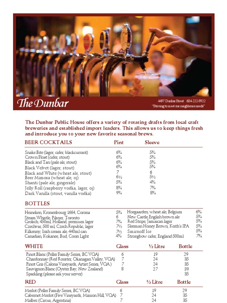 The Dunbar Drink Menu April 2013 | PDF | Ale | Cider