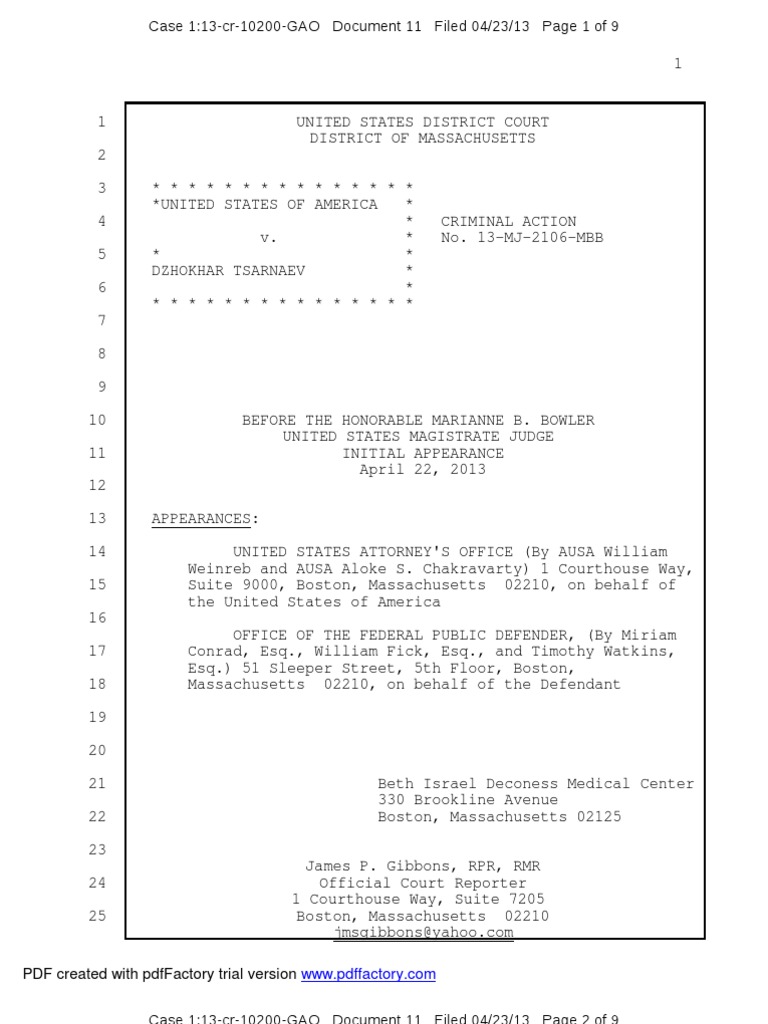 Transcript: Djohar Tsarnaev's Arraignment (In Hospital) | PDF | Judge ...