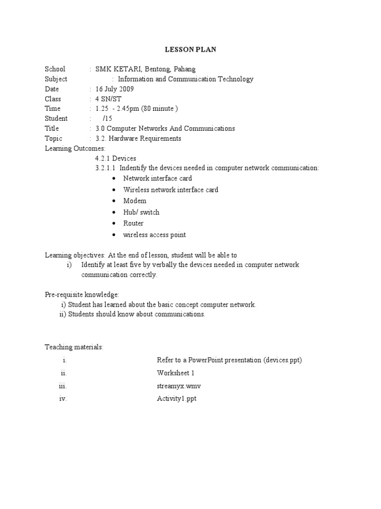 Lesson Plan 16-7-09 | Download Free PDF | Lesson Plan | Computer Network