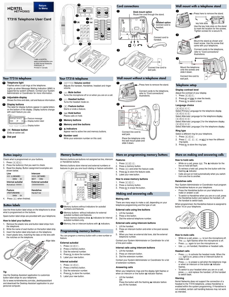 Nortel t7316 | PDF | Telephone | Electronics