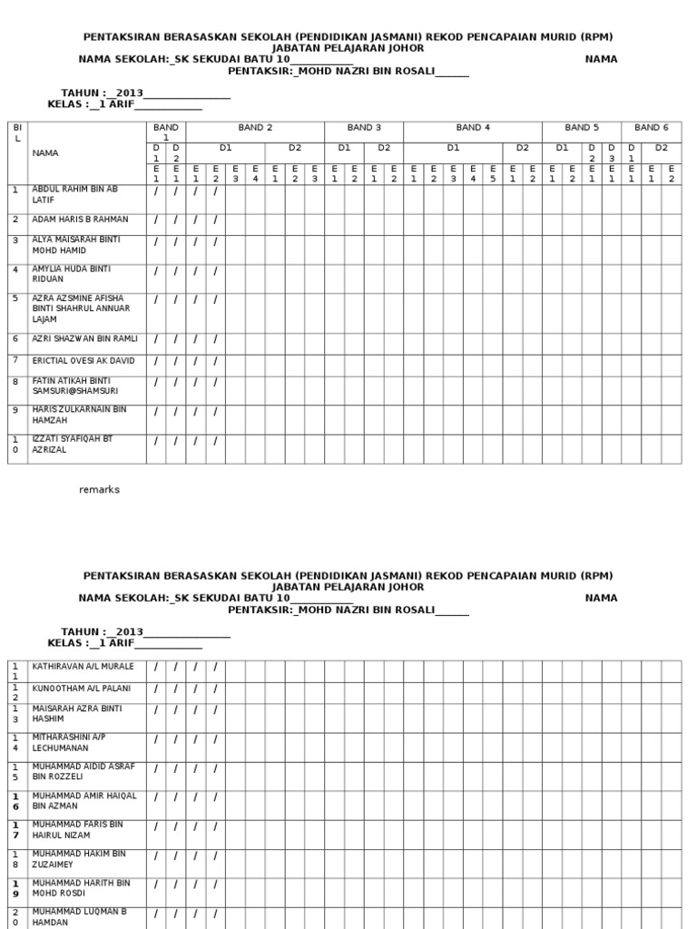 Jadual Semak PJ Tahun 1 | PDF