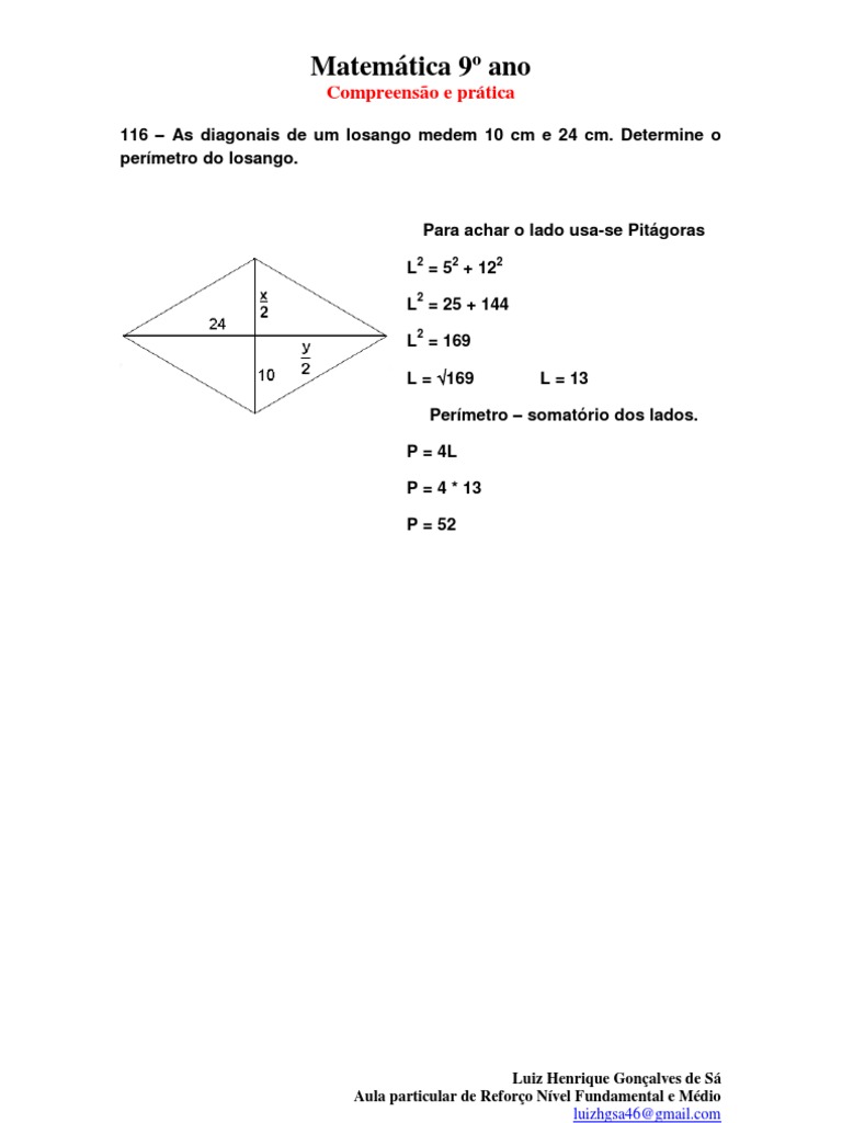 116 - As Diagonais de Um Losango Medem 10 CM e 24 Cm. Determine o ...