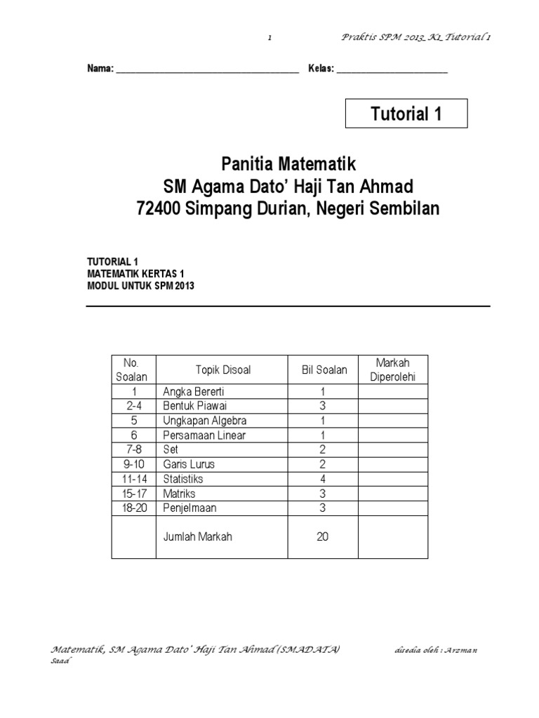 Tutorial SPM 2013 Matematik K1 | PDF | Metode & Bahan Ajar