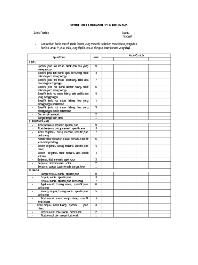 Score Sheet Organoleptik Baso Daging Dan Roti | PDF