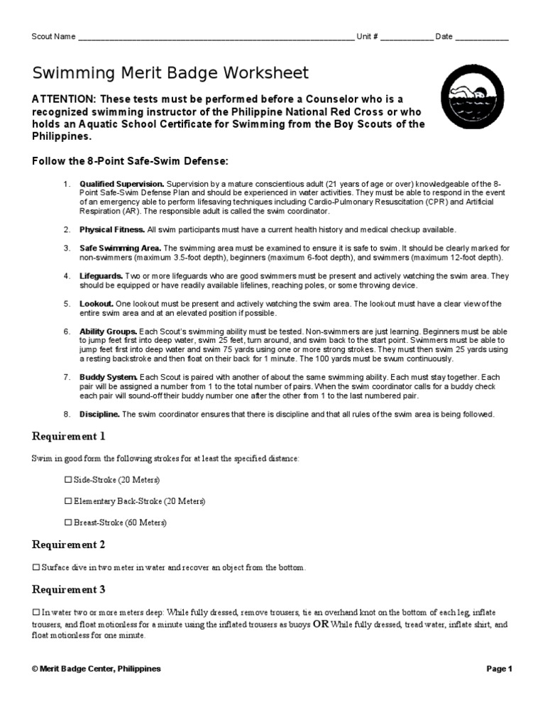 Swimming Merit Badge Worksheet: Requirement 1 | PDF | Swimming (Sport ...