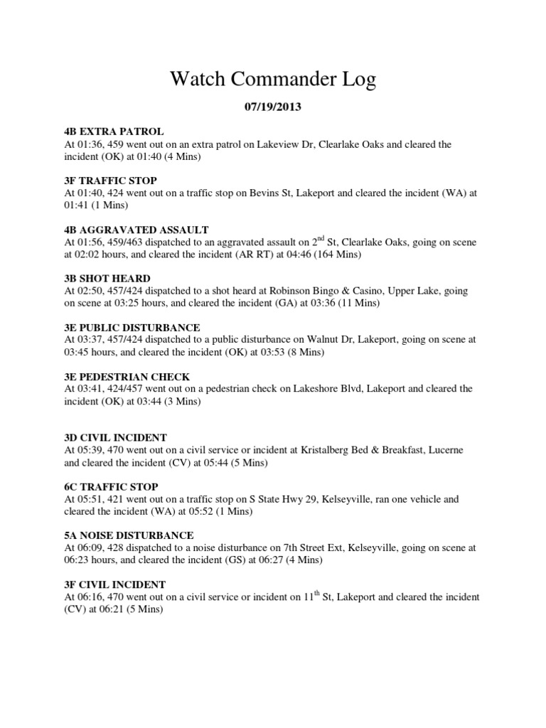 Lake County Sheriff's Watch Commander Logs | PDF | Crime & Violence ...