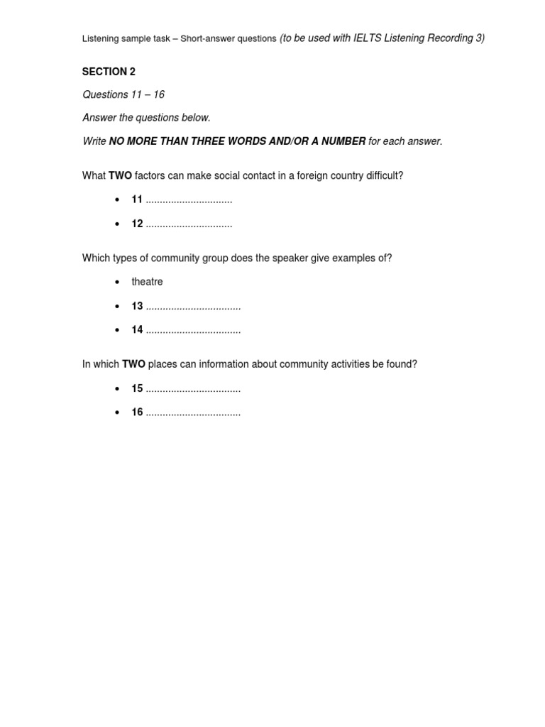 Listening Sample Task - Short Answer | PDF