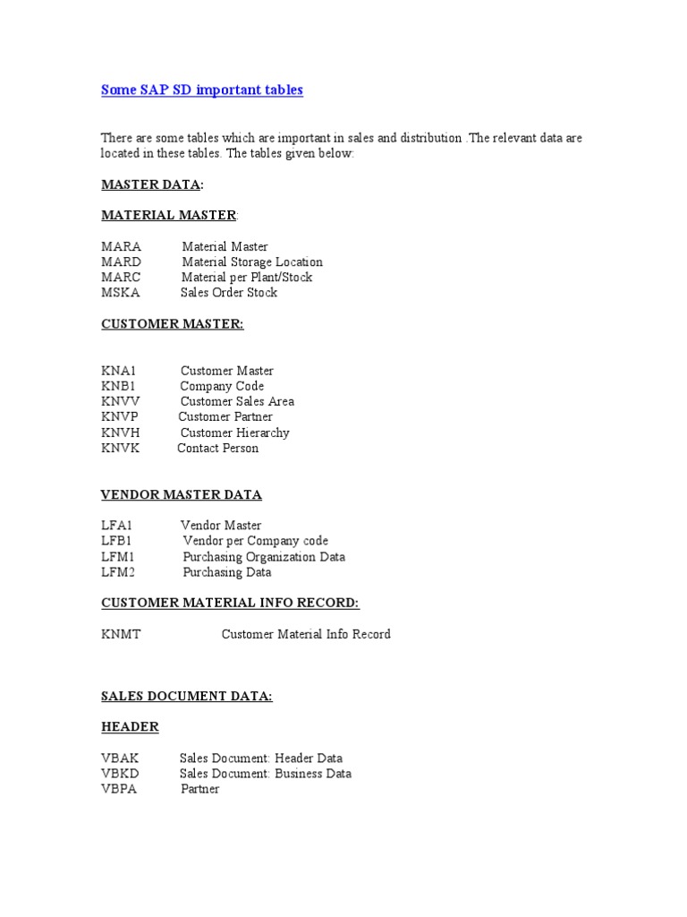 Some SAP SD Important Tables | PDF | Cheque | Information Technology ...