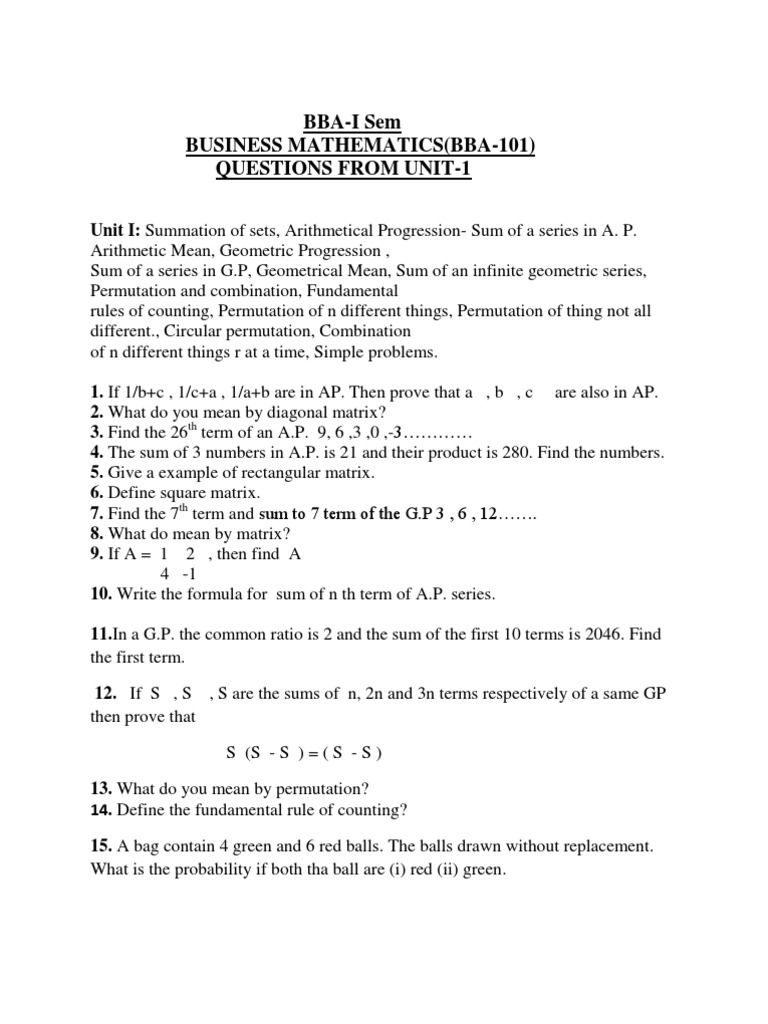 BBA-I Sem Business Mathematics (Bba-101) Questions From Unit-1 | PDF