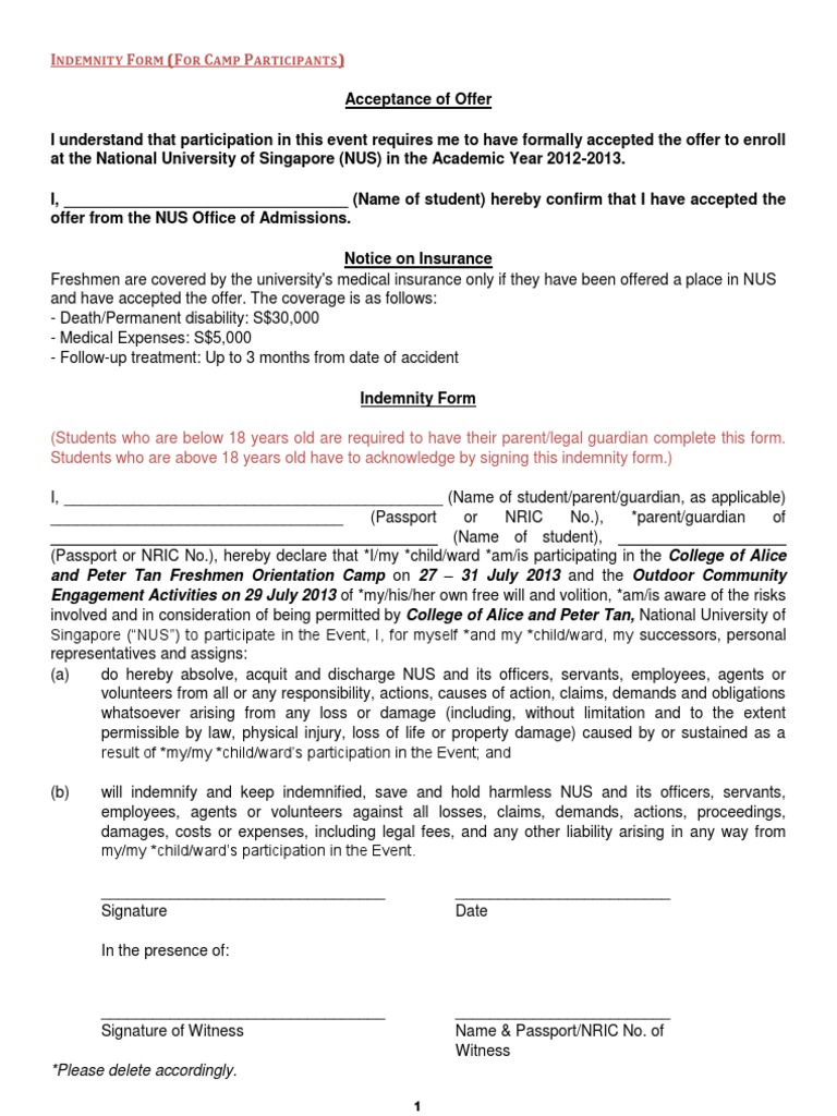 NUS Indemnity Form for Camp Participants | PDF | Indemnity | Insurance
