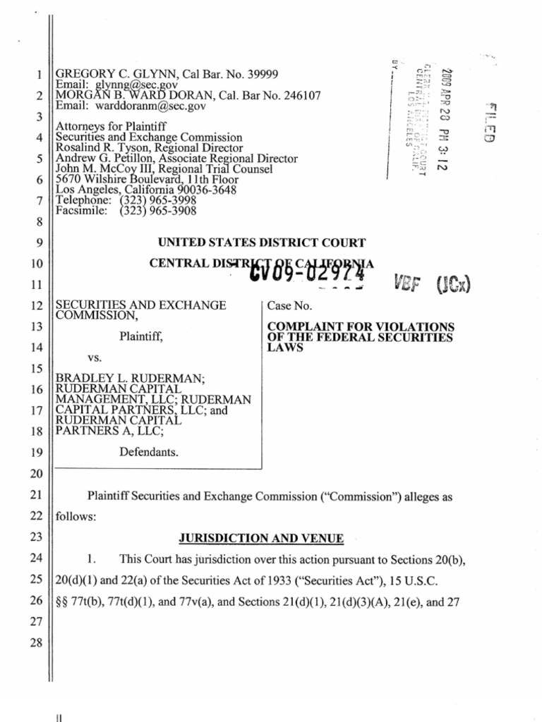 Bradley Ruderman SEC Complaint | PDF | Securities Act Of 1933 | Hedge Fund