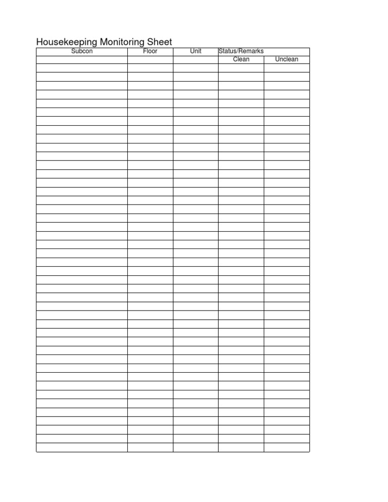 Building 3 Housekeeping Monitoring Sheet: Subcon Floor Unit Status ...